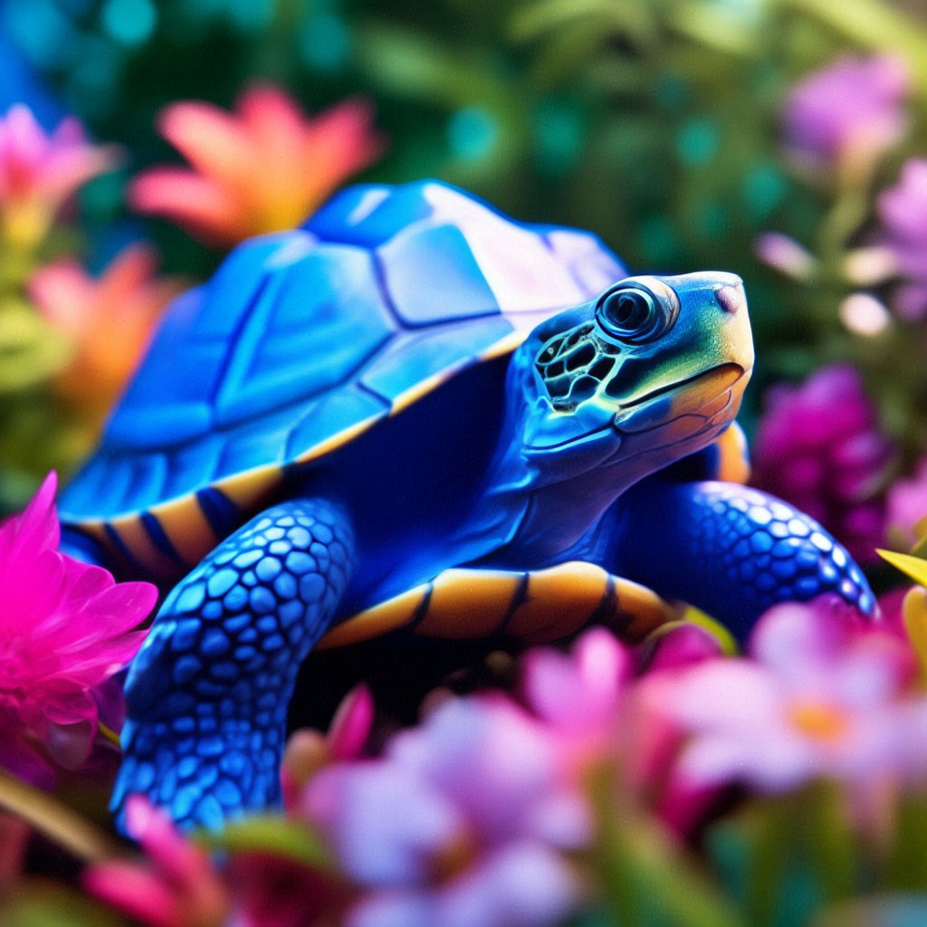 "A blue neon turtle among plants and …" — image created in Shedevrum