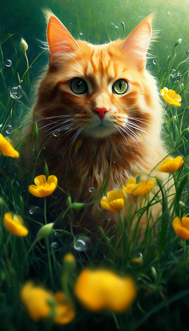 "💫🌹 hyperrealism , photorealism, a big beautiful red cat, buttercups in ...