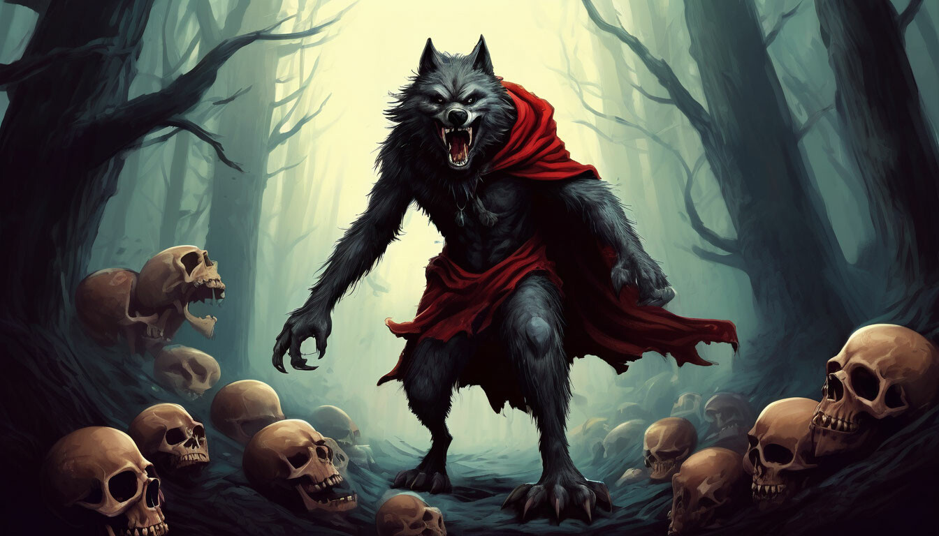 "Little red Riding Hood is a werewolf, running skipping over skulls in ...