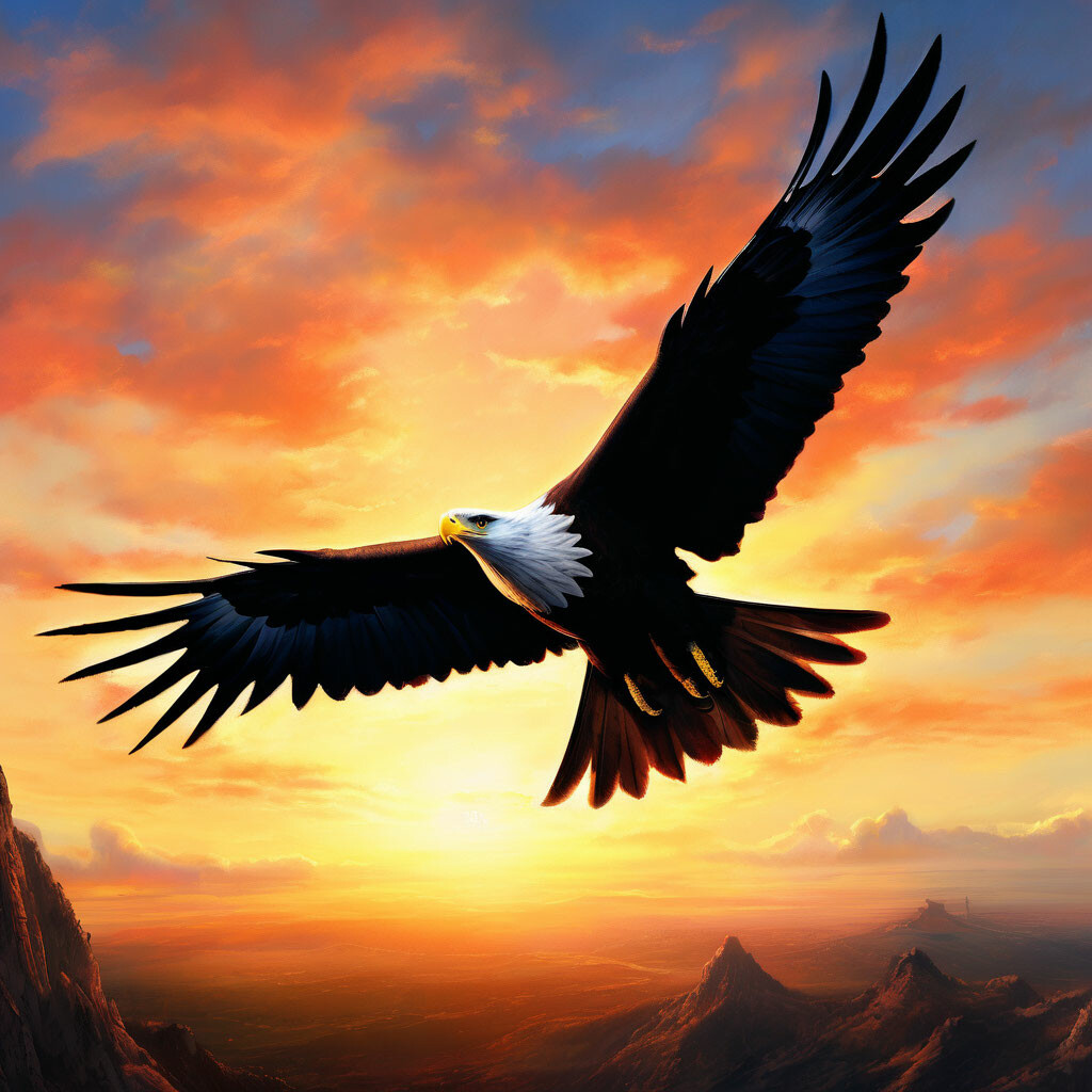 "Sky, sunset, eagle flight" — image created in Shedevrum