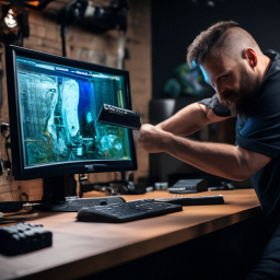 «A man smashing a computer with a hammer and on the monitor ks 2 ...