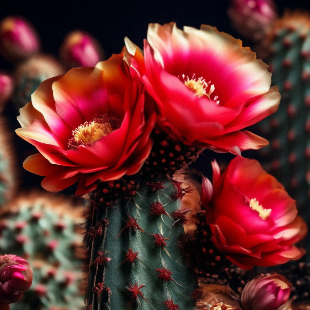 "Cacti with beautiful blooms,crimson in gold,curved,lava fractals ...