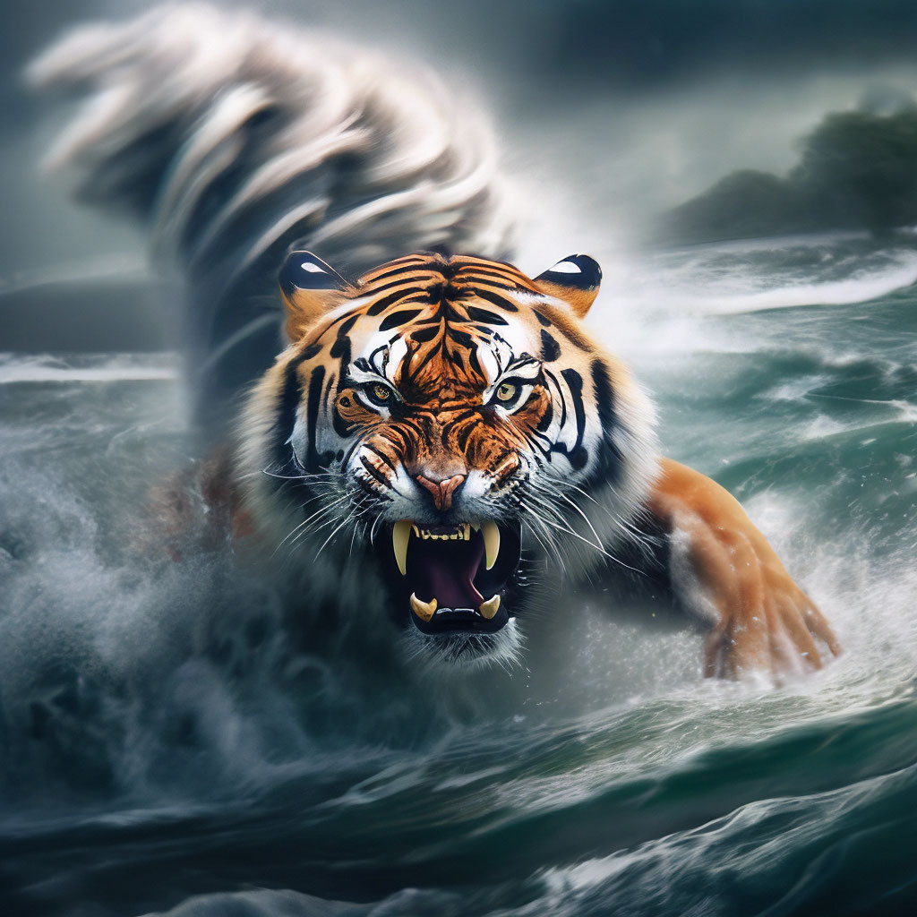 "A beautiful water tiger comes out of the water in a storm and blows a ...