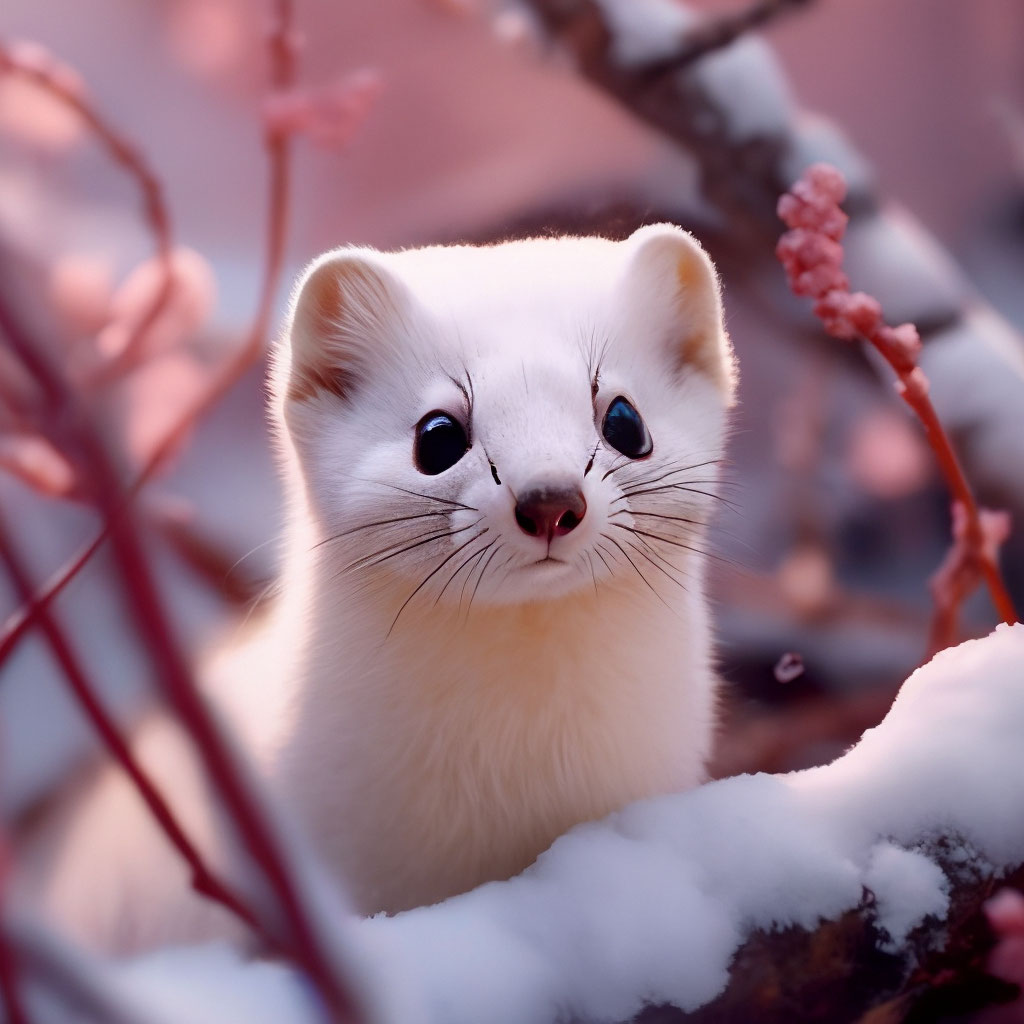 "Fluffy weasel among the branches of mountain ash, snow smoke ...