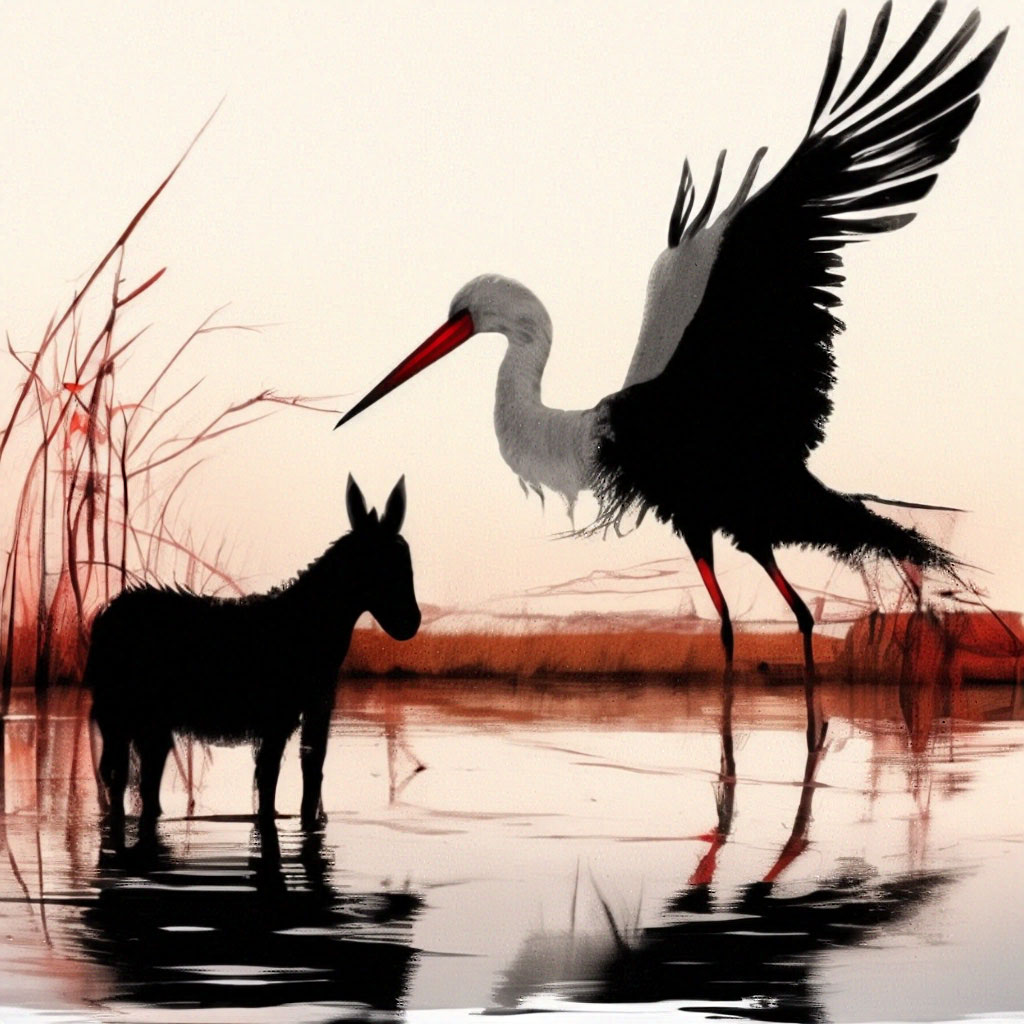 "Sketch, doodling, big white stork spread his wings looking at a donkey ...
