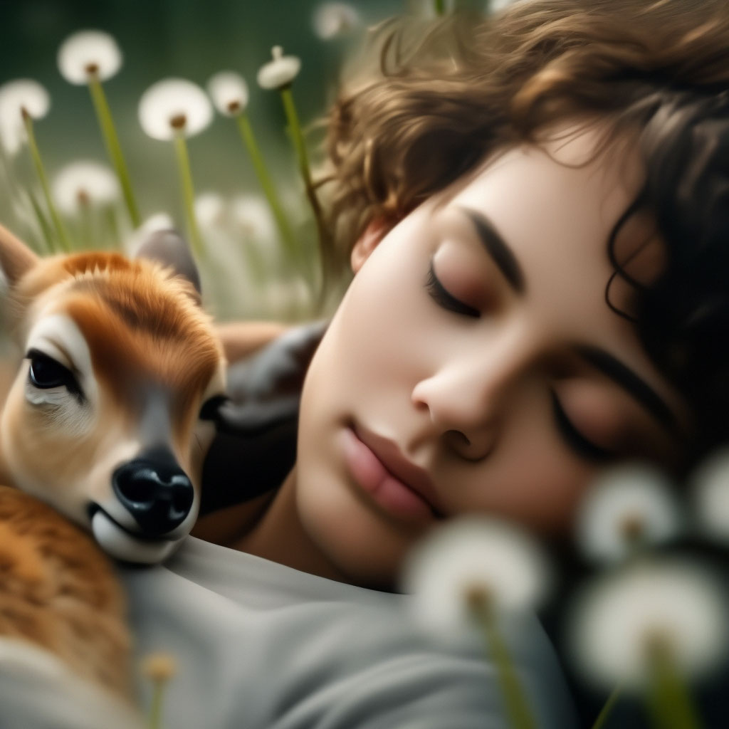 "Fluffy cute Bambi baby fawn sleeps on fluffy clouds of dandelions,next ...