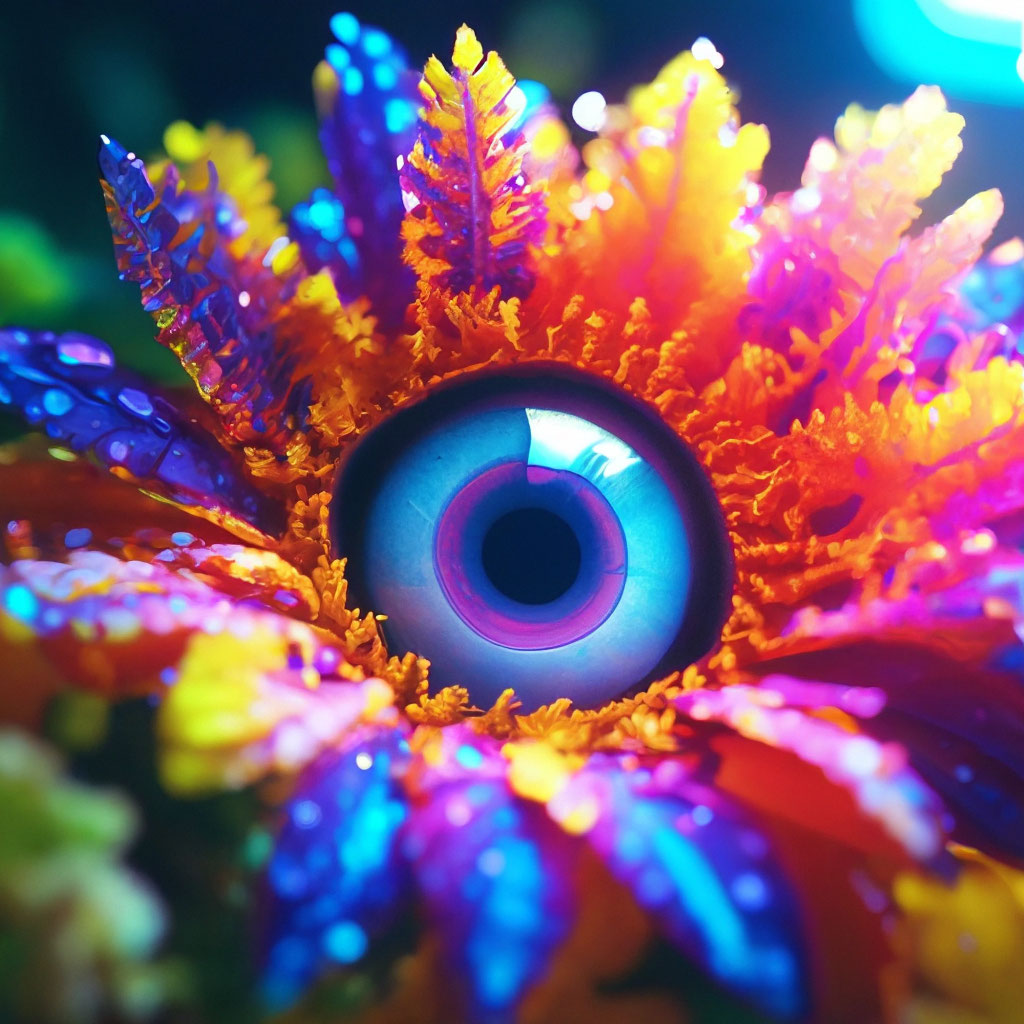 "A gorgeous flower grows from the pupil, bright, colorful,cute ...