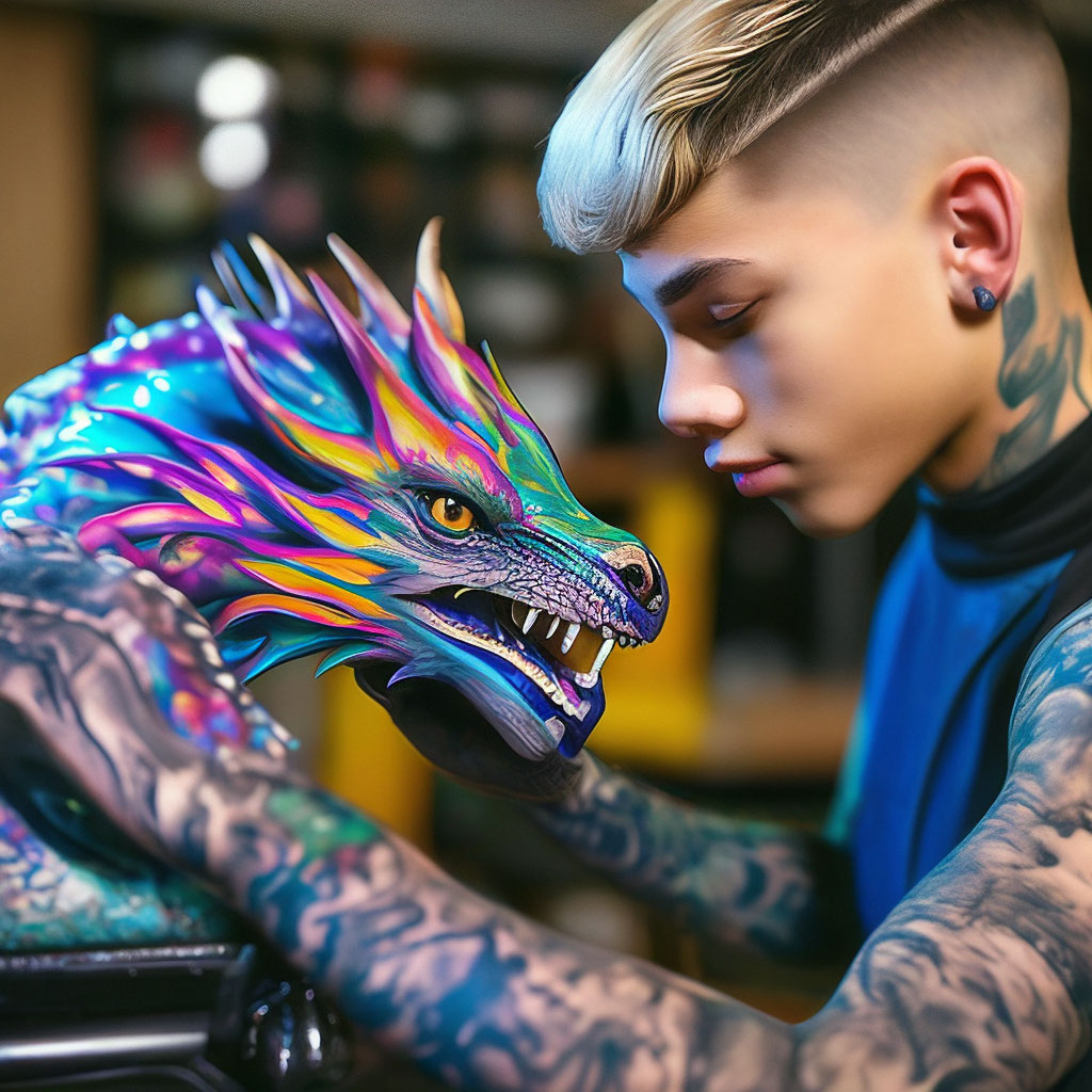 "A sixteen-year-old guy with beautiful skin is tattooed with a colored ...