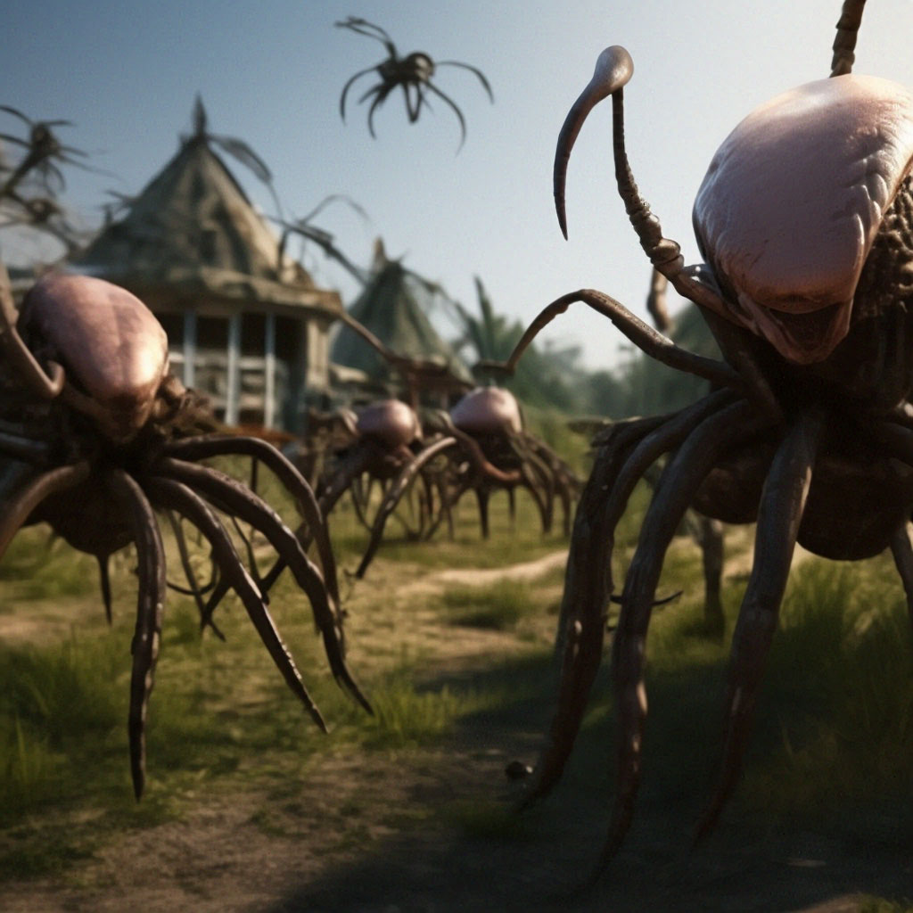 "A lot of insect-like aliens on an abandoned farm, the future, a sunny ...