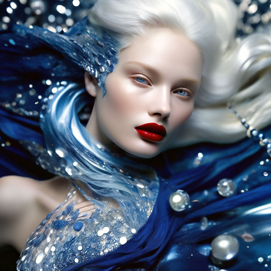 "The woman is Water.Stylish. Model. Snow-white skin. Red lips. Hair is ...