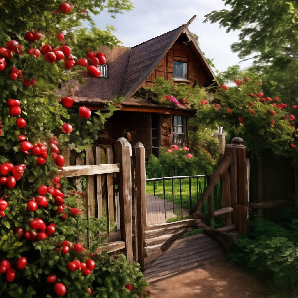 "Rustic house, wooden fence, gate, rosehip bushes along the fence ...