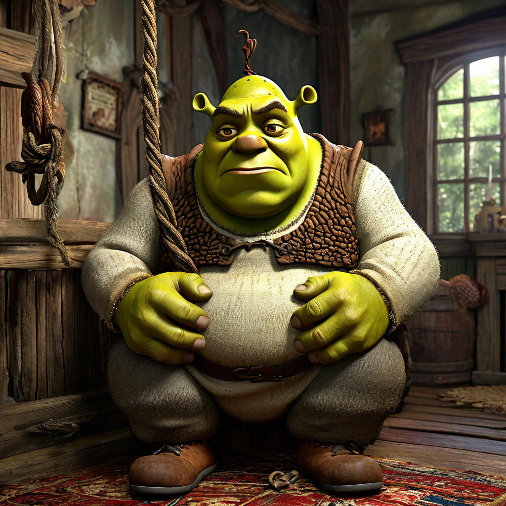 "Sad and depressed, Shrek hanged himself" — image created in Shedevrum