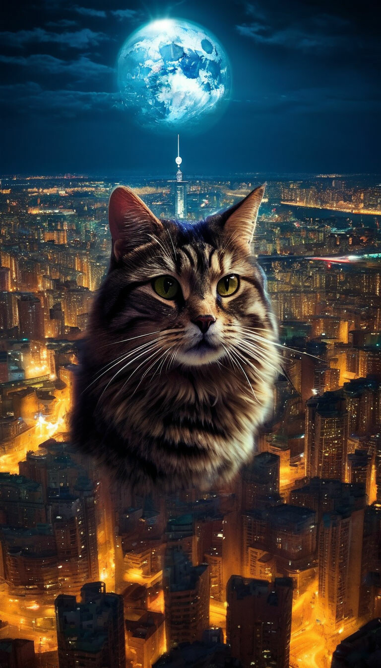 "A huge cat's eye is the moon above the metropolis. Double ...