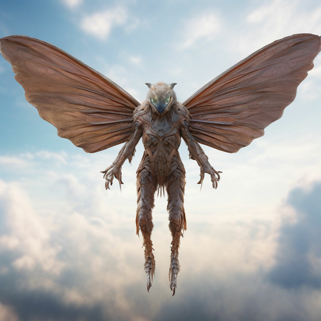 "The creature is a hybrid human moth" — image created in Shedevrum