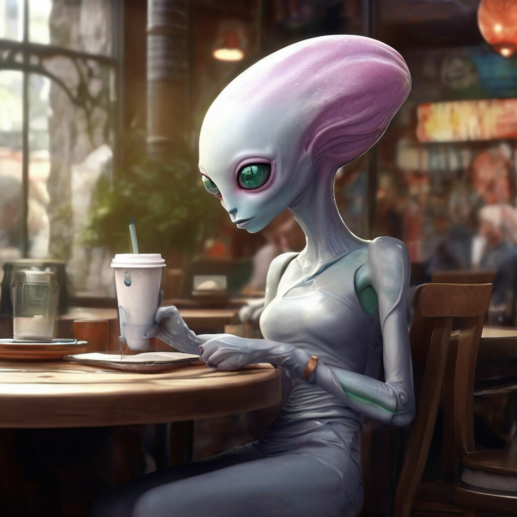 «Милая инопланетянка гуманоид пьет …» — картинка создана в Шедевруме