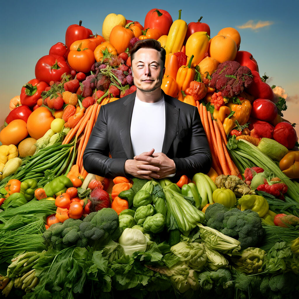 "Elon Musk with a bouquet of seasonal vegetables" — image created in ...
