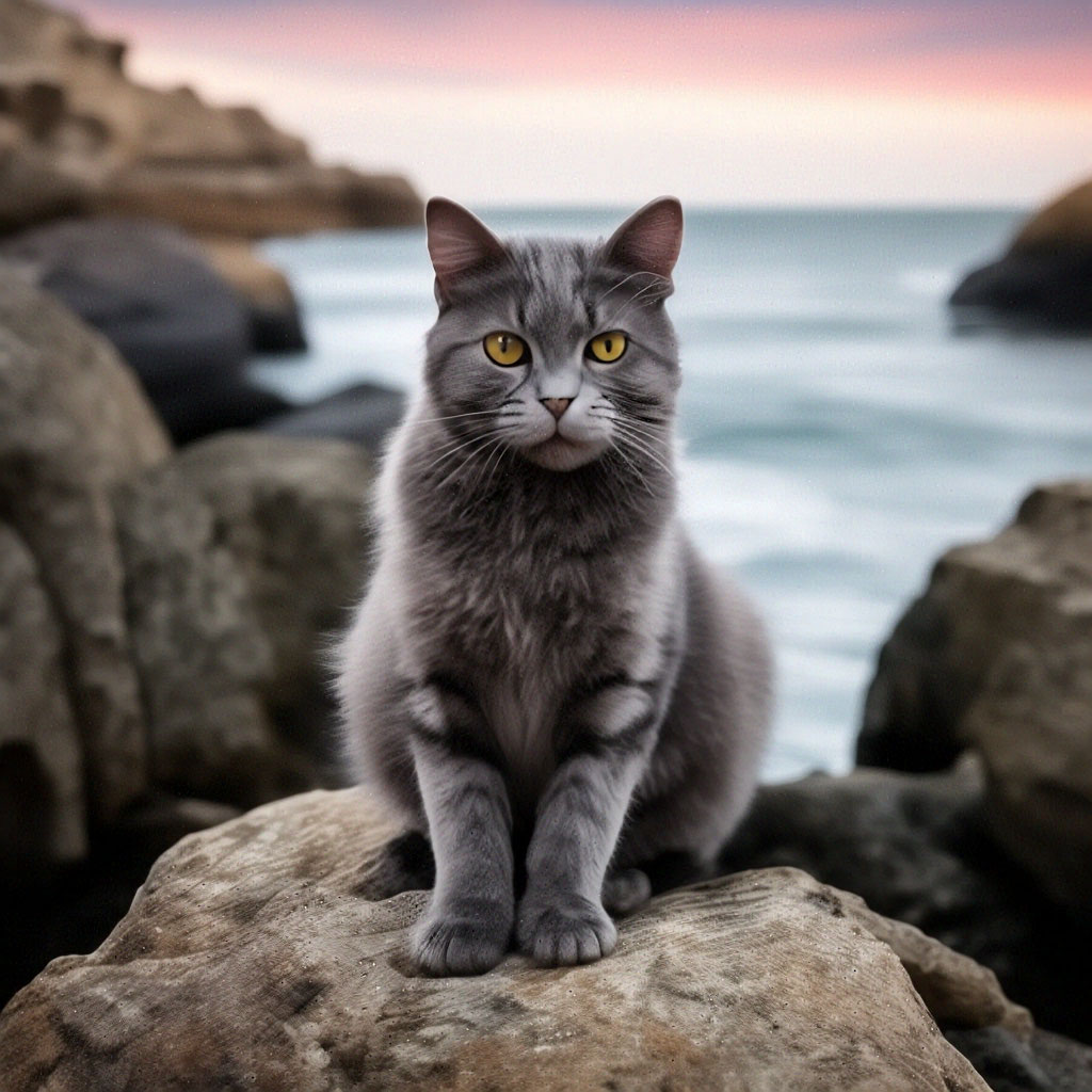 "Smoky cat on the rocky seashore" — image created in Shedevrum