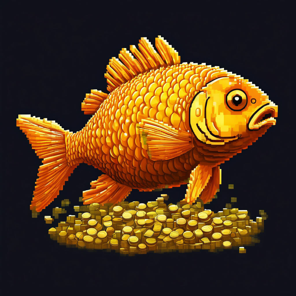 "Crucian carp with a huge number of gold coins, pixel art , 4k, bright ...