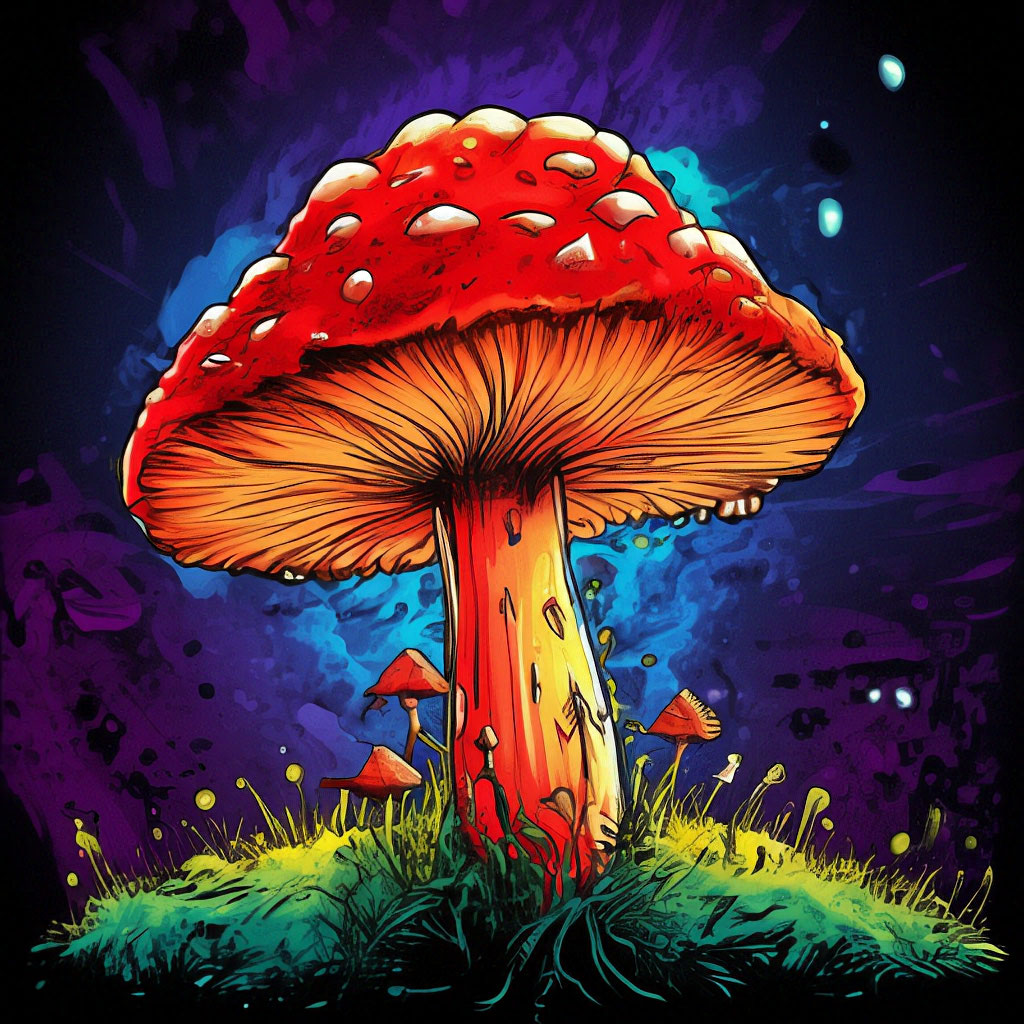 "Comic book , fly agaric, dissolves in…" — image created in Shedevrum