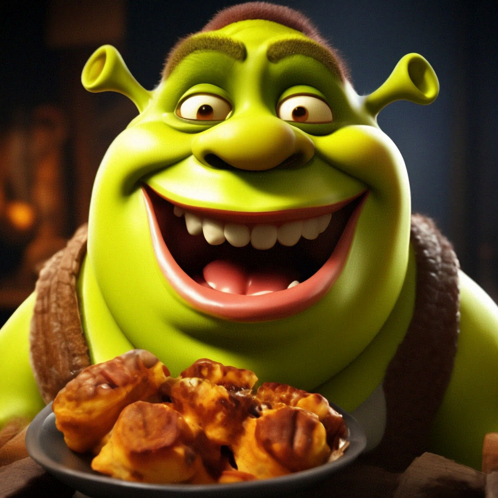 "Fat Shrek with bulging eyes and wide open mouth holding a huge fried ...