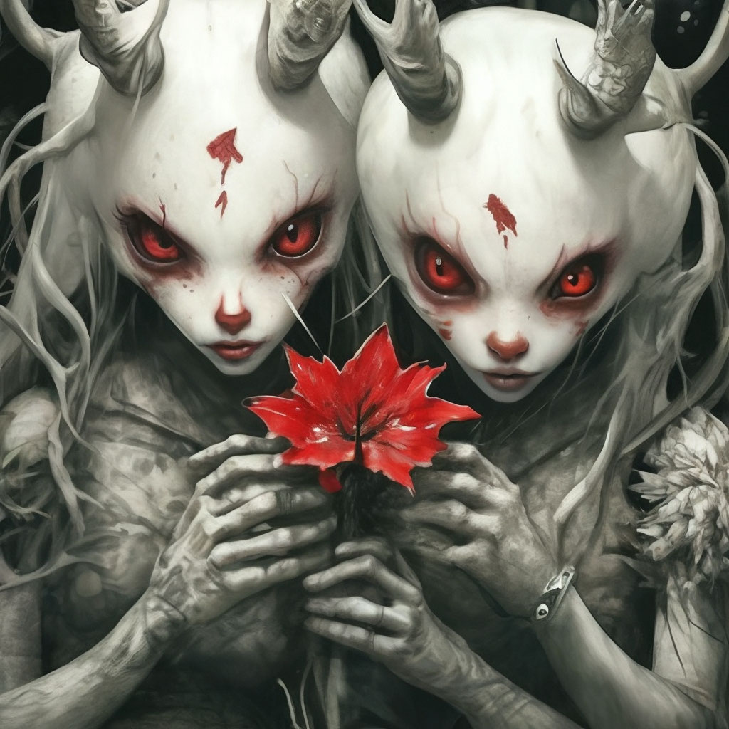 "Grotesque surrealism The monster twins are holding a flower. Hunger ...