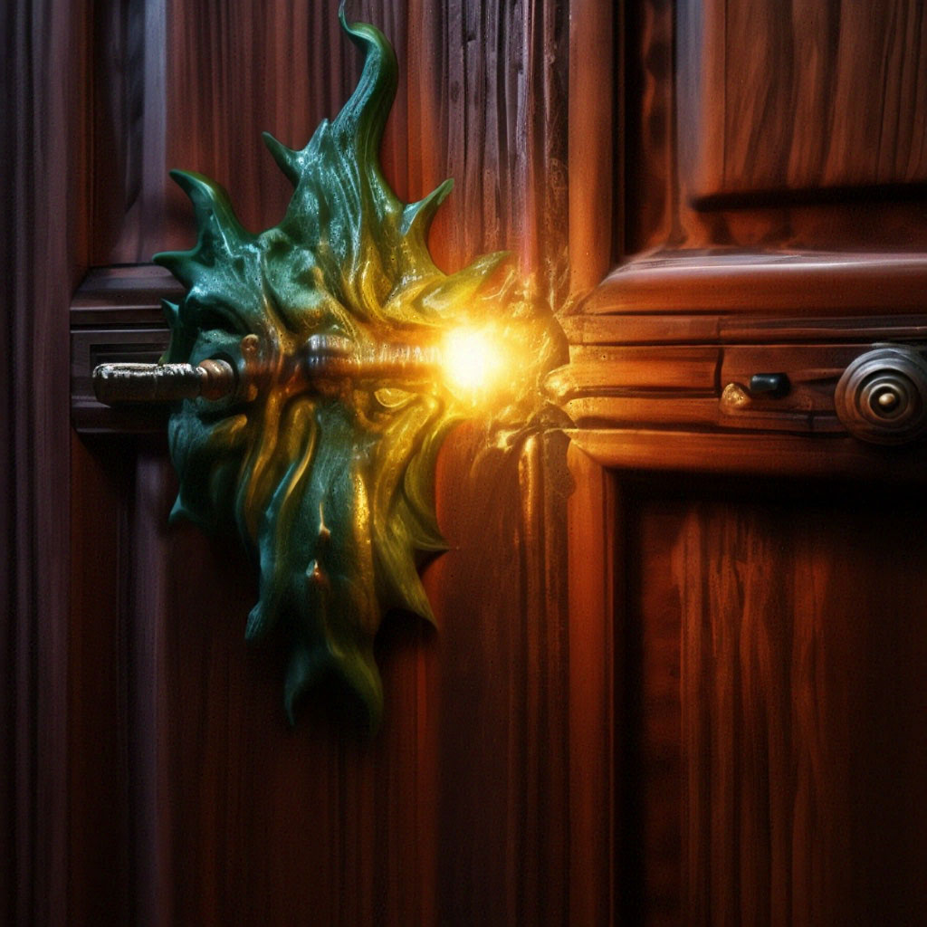 "The key is inserted into the lock in the wooden door, electric light ...