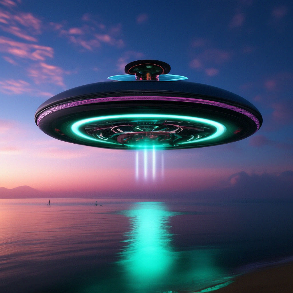 "A neon UFO hovered over the sea" — image created in Shedevrum