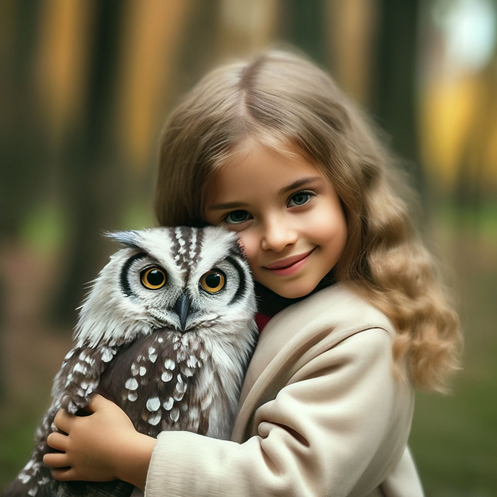 "Cute girl hugs a cute owl, park, realistic photogenic" — image created ...