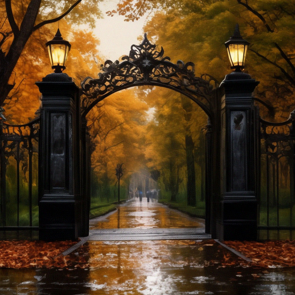 " ️ entrance to the park,large wrought-iron gates open ,bench, lantern ...