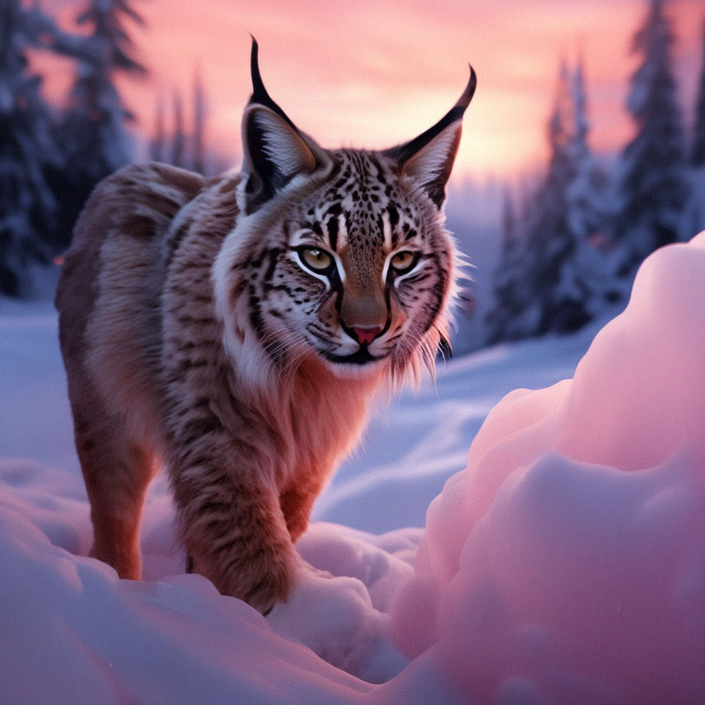 "A lynx is making its way through chunks of ice and pink snow. view ...