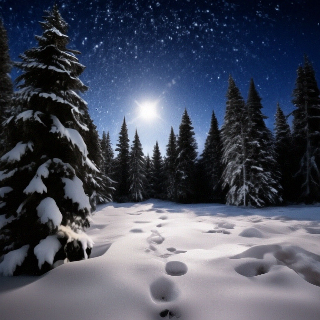 "Winter, night with stars, fir grove" — image created in Shedevrum