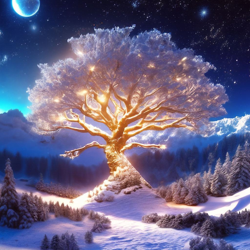 "︎ ︎ ︎ ︎ ︎ ︎ ︎ ︎ The tree of happiness on the flying earth, mountains ...