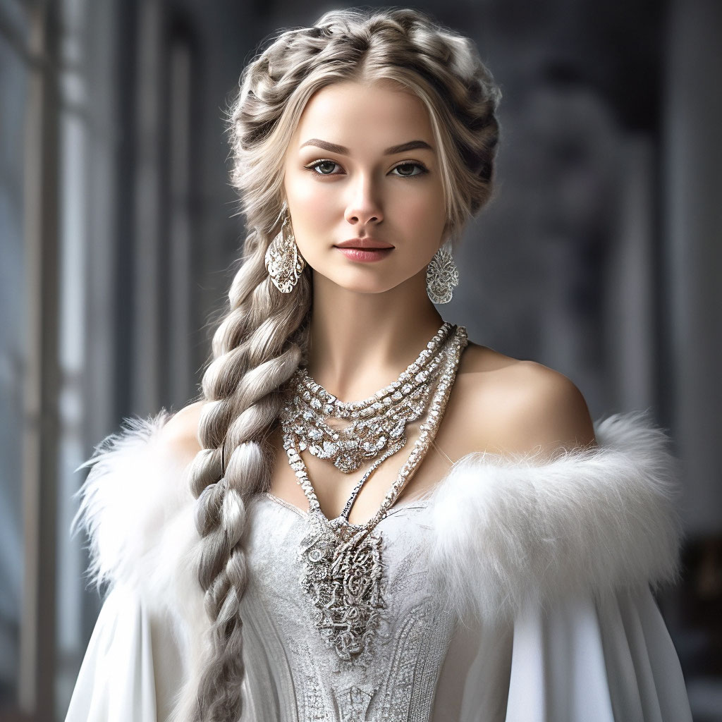 "Russian Russian beauty with a complex hairstyle made of braids, stands ...