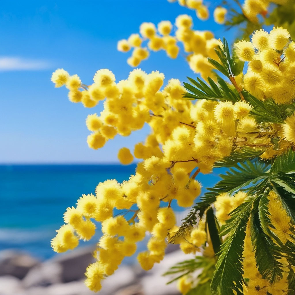 "Delicate fluffy mimosa branch on the background of the sea, sunny day ...