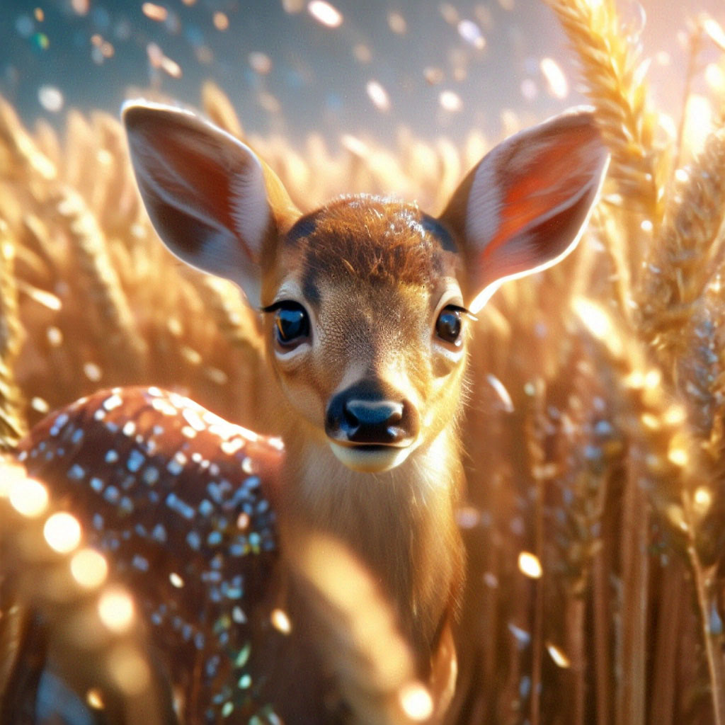 "There is a cute fawn in a wheat field, beautiful eyes, realistic ...