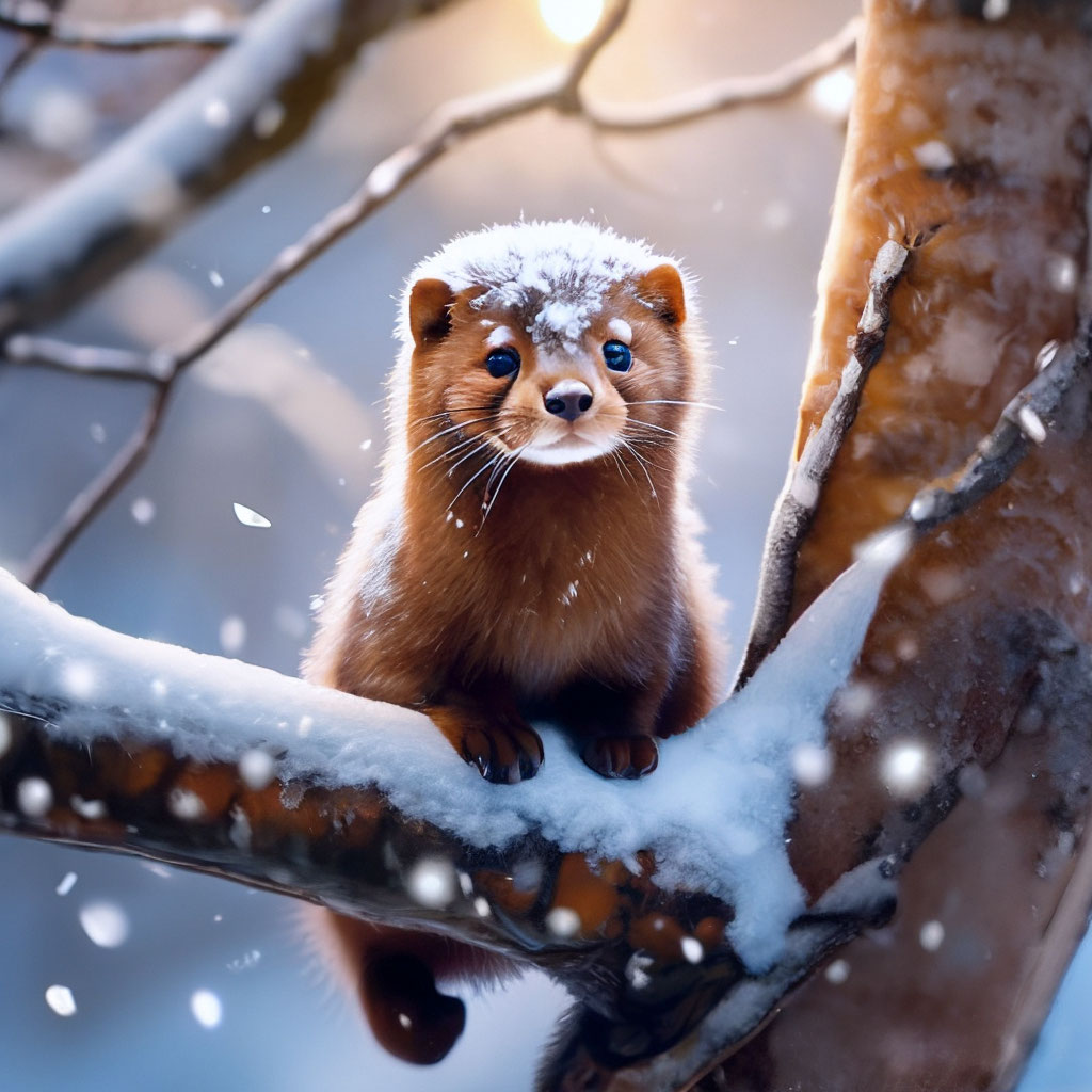"A mink on a tree in winter and snowflakes fall on it" — image created ...