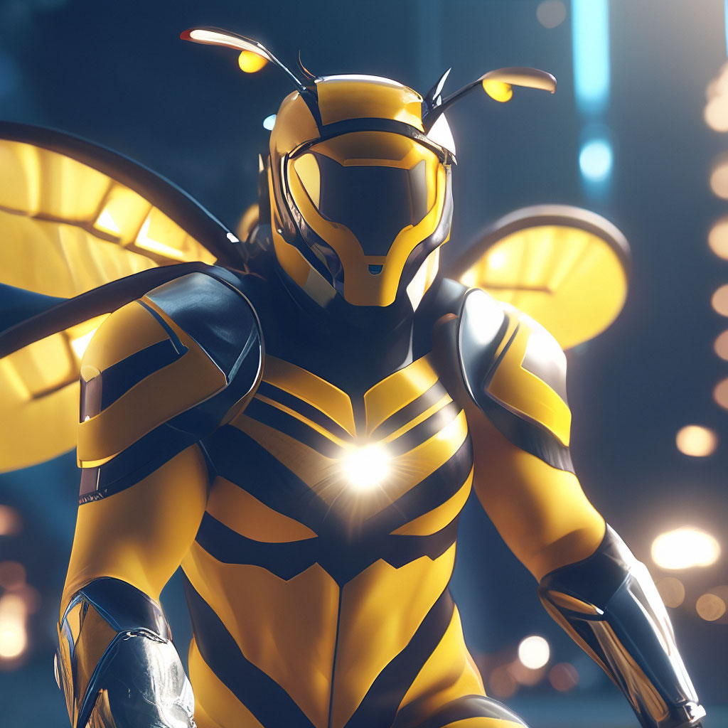 "A superhero in a bee costume in 4K" — image created in Shedevrum