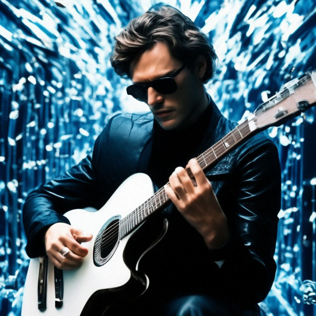 "Virtuoso of a man in a shiny metallic space, in the style of ...