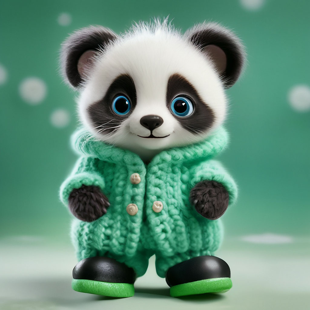 "Cute baby panda with big eyes in a mint knitted jumpsuit stands in ...
