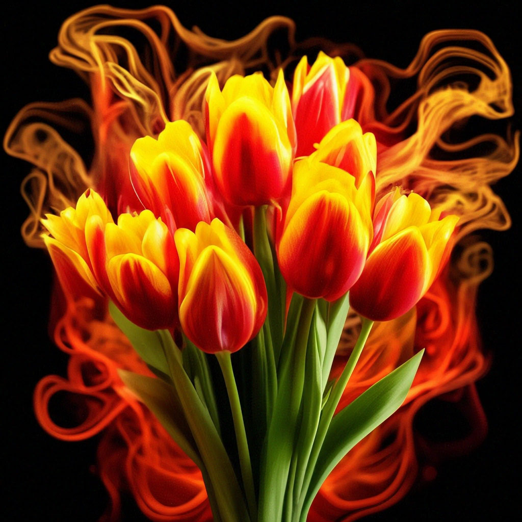 "Fractals of yellow and red smoke, double exposure large bouquet of ...