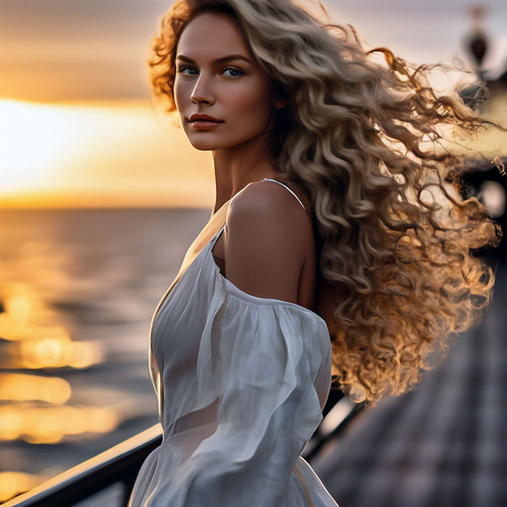 "Hyperrealism, a beautiful girl walking along the pier, the sea, long ...