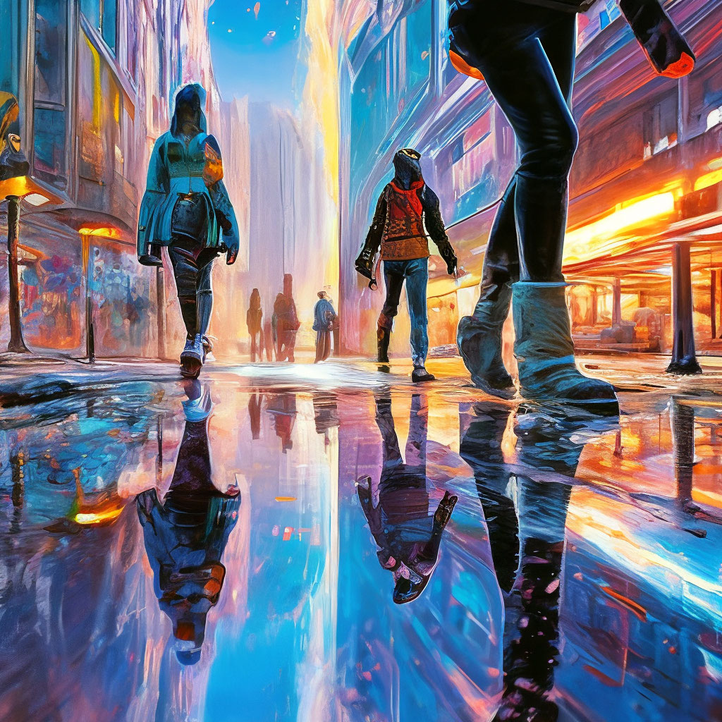 "Access to the astral. Pedestrians walking through puddles. An ...
