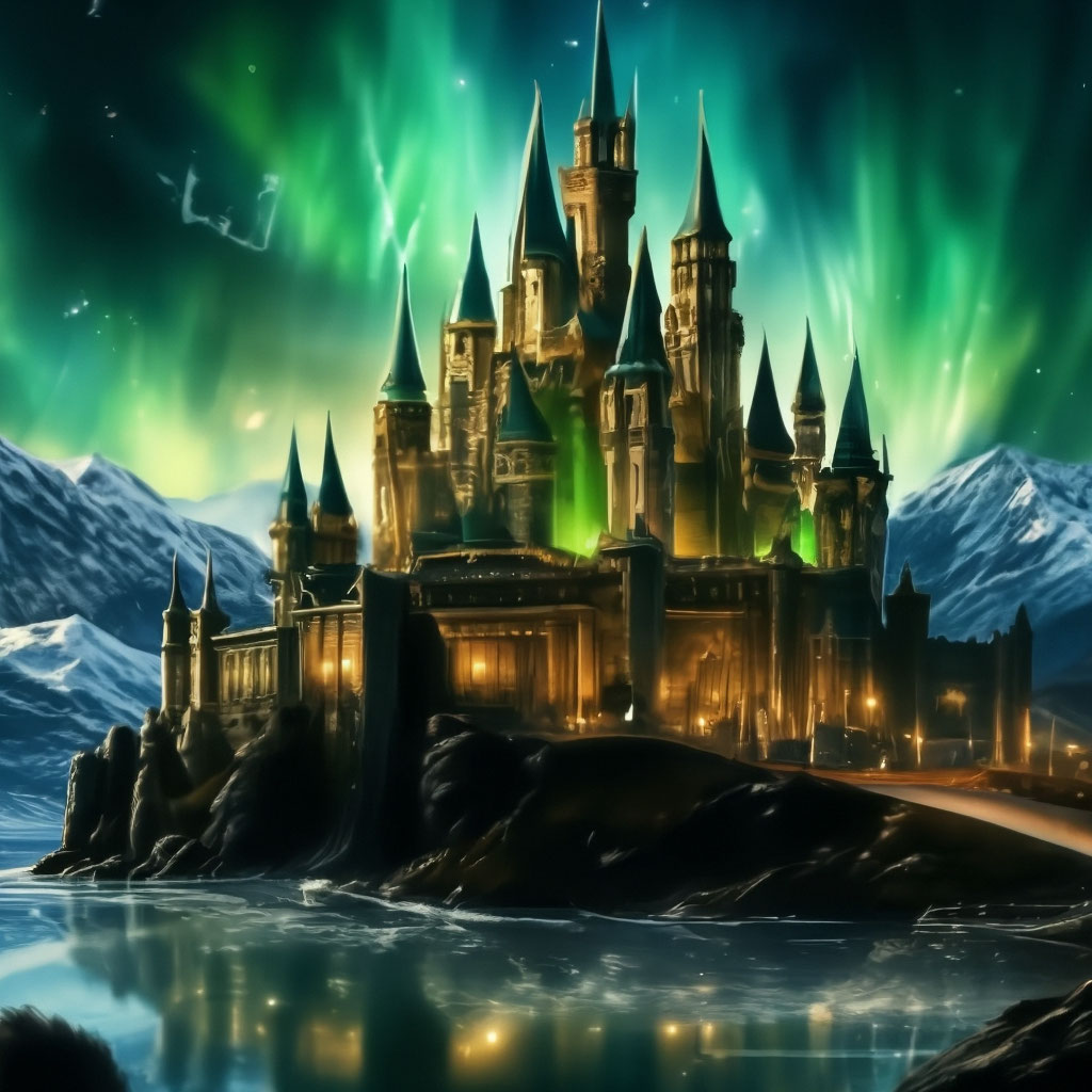 "Magical emerald castle, elegant, northern lights, stars" — image ...