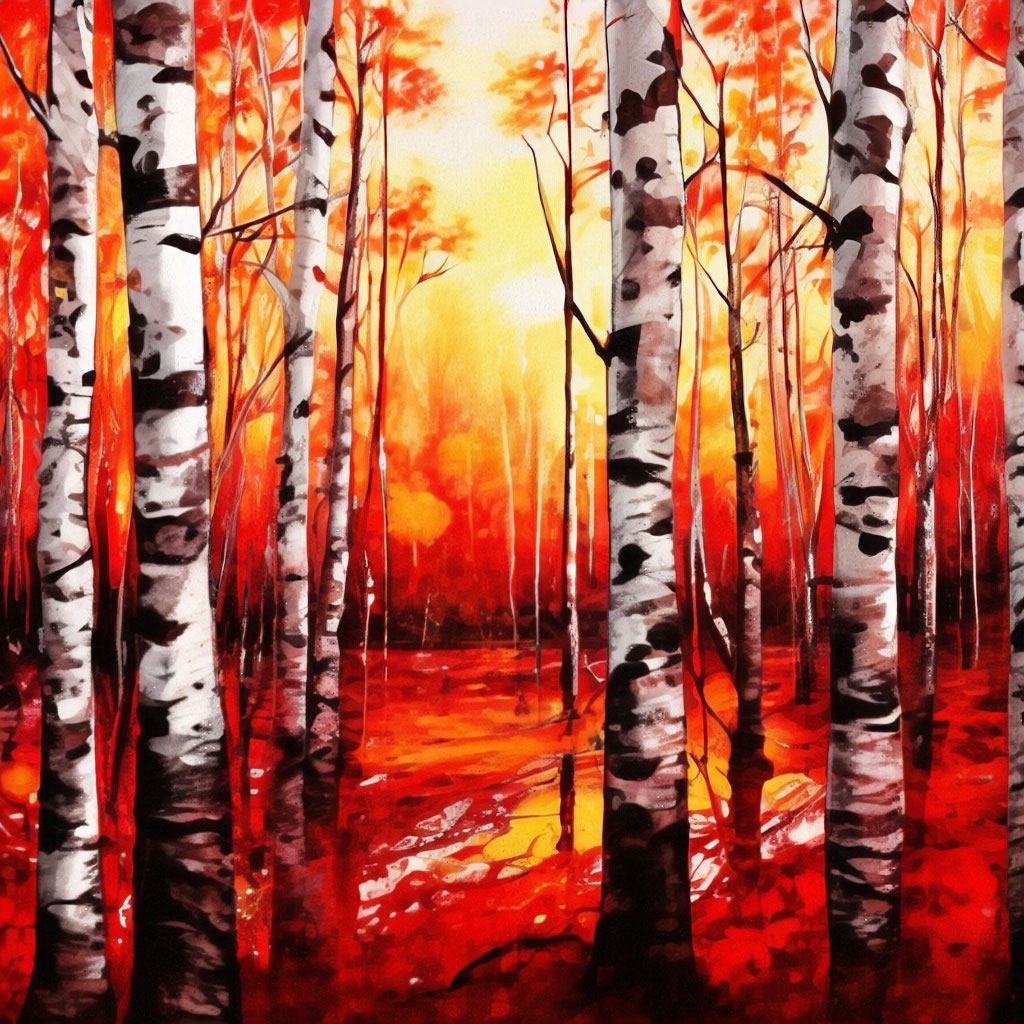 "Drawing, gouache, birch grove, crying, bordeaux, red, blur, fractal ...