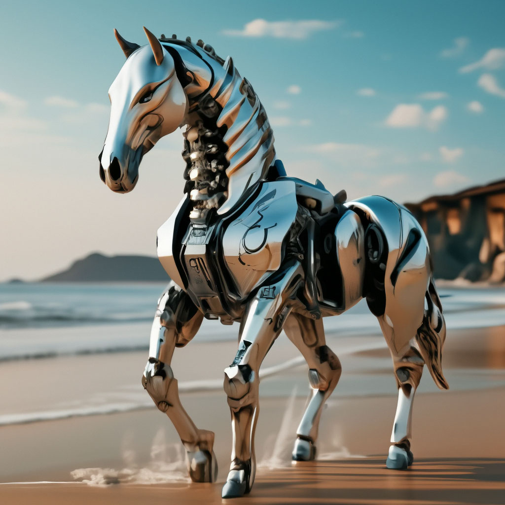 "Metal horse-cyborg of the future, white iron, futuristic landscape on ...