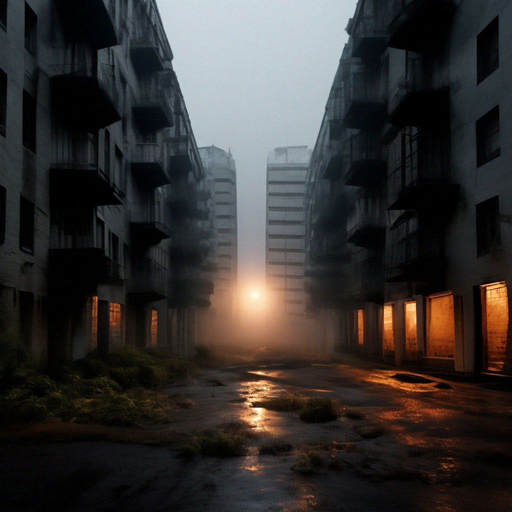 "Abandoned identical gray five-story buildings with broken windows ...