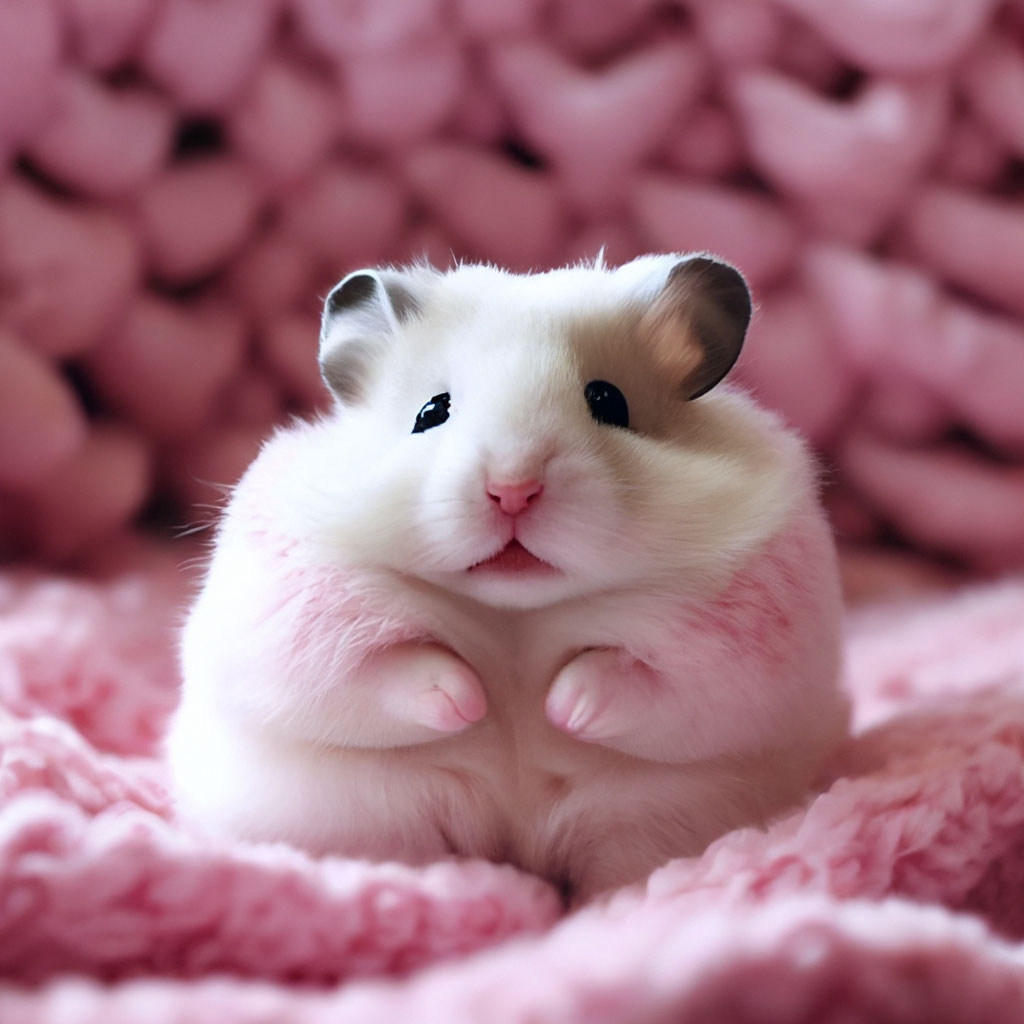 "A soft pink hamster is sitting on a fluffy white blanket 🩷" — image ...