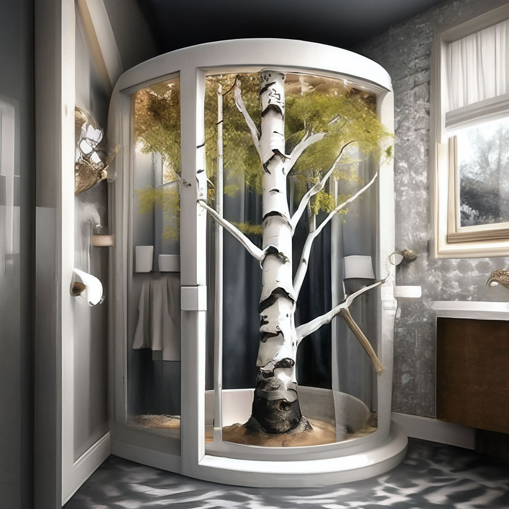 "A birch tree has grown in the shower cabin diamond painting fine ink ...
