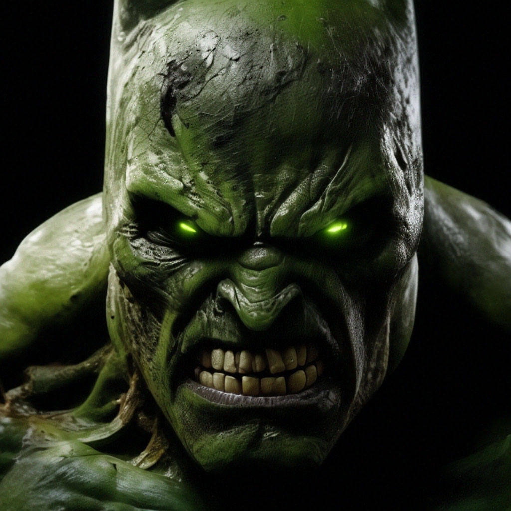 "Batman-The Masked Hulk, horror, close-up" — image created in Shedevrum