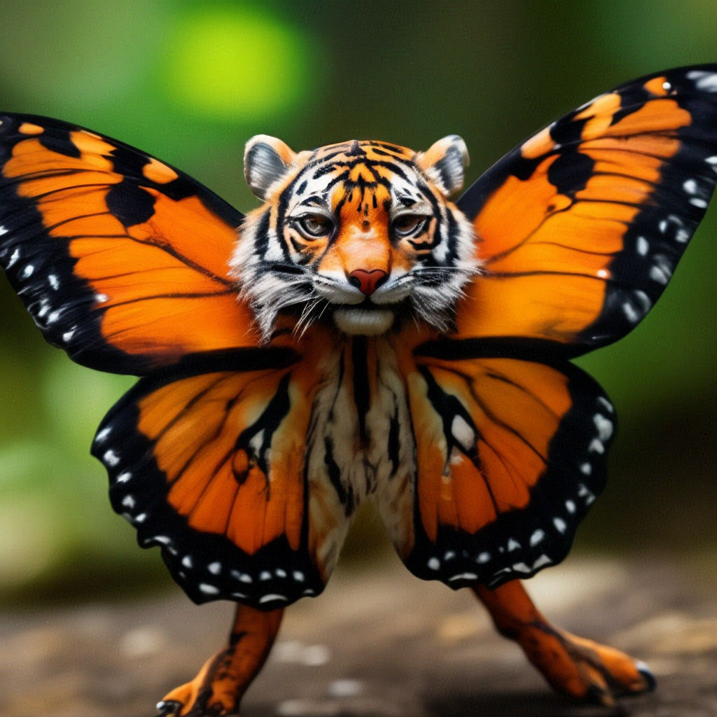 "An ANTHROPOMORPHIC Hybrid of a Butterfly and a tiger, a tiger with ...